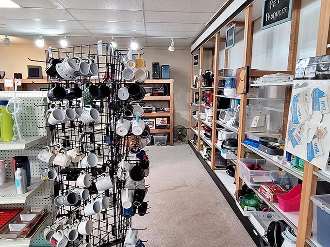 Mug collectors, rejoice! This spinning rack of coffee cups holds potential morning companions for every personality type. One person's rejected "World's Best Boss" is another's ironic statement piece.