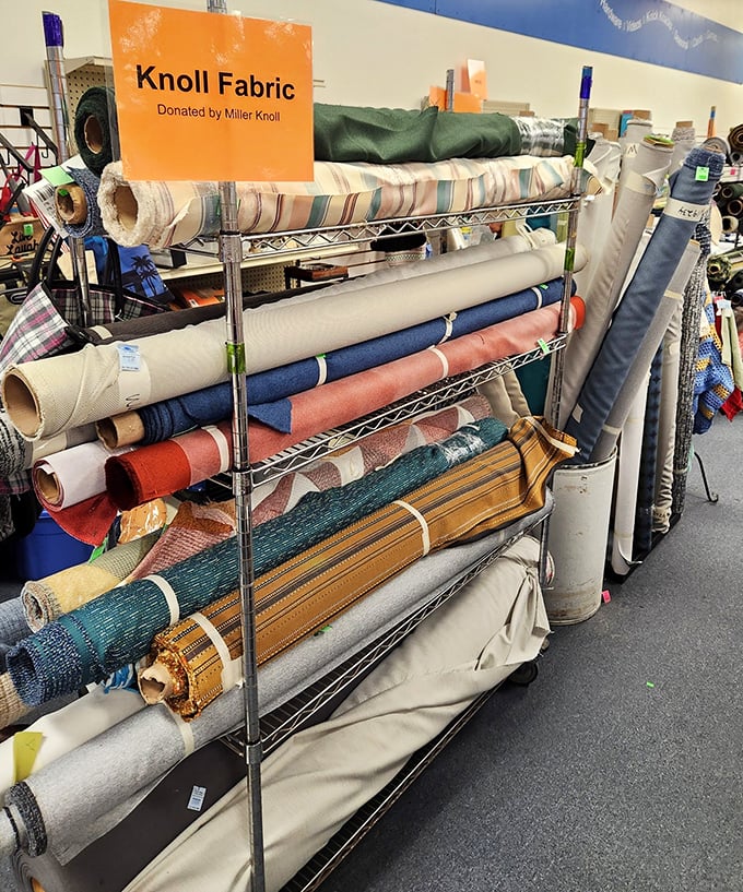 Fabric paradise for crafters and DIYers. These rolls of Knoll textiles are the caviar of the upholstery world, available at hot dog prices.
