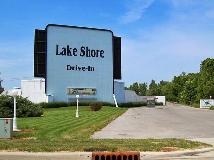 The massive screen stands sentinel against the blue sky, promising entertainment under the stars. A landmark that's become part of the local landscape.