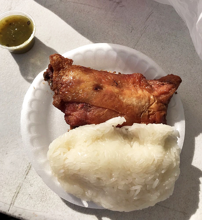The chicken's mahogany exterior hints at the flavor explosion within, while the sticky rice waits patiently to soak up every last drop of that emerald sauce.