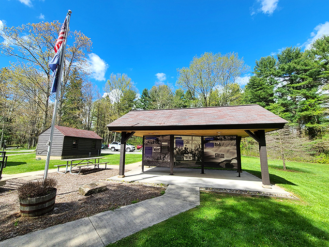 History preserved in rustic perfection. The park's information shelter tells tales of Depression-era conservation efforts that shaped this natural haven.