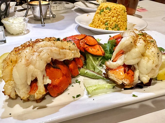 Lobster tails and scallops presented with the reverence they deserve. That yellow rice isn't just a side&mdash;it's the supporting actor in this seafood drama.
