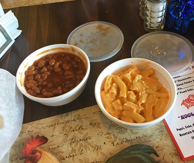 The "Smokey Robinson" BBQ beans and "Love Shack" mac and cheese&mdash;a side dish power couple that might upstage the chicken if that were possible.