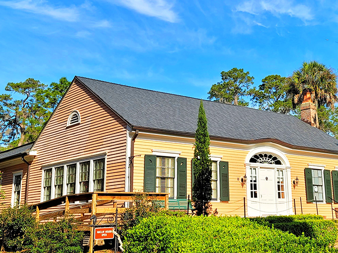 The Maclay House stands as a cheerful yellow sentinel among the greenery. Like a dollhouse that grew to human proportions.