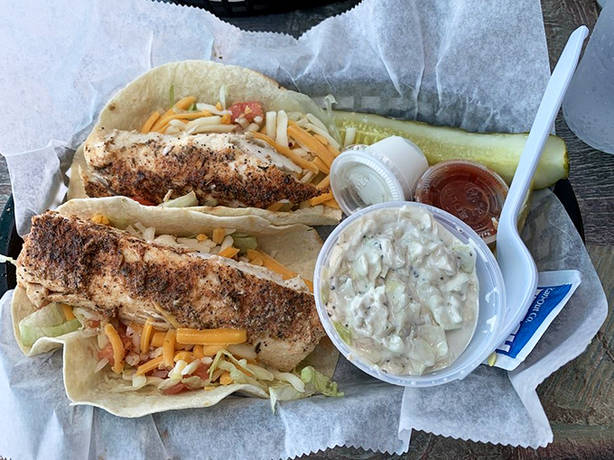 Mahi tacos that make you wonder if fish were actually designed specifically for tortillas all along. The coleslaw adds that perfect crunch.