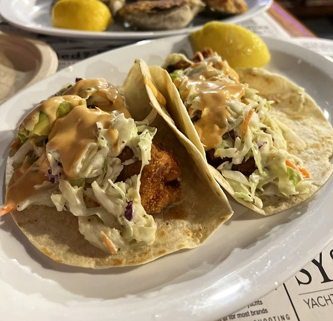 Fish tacos done right&mdash;crispy, fresh, and topped with enough slaw to make your doctor count it as a vegetable serving. Florida on a plate.
