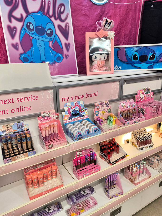 Hello Kitty meets makeup magic in this colorful corner. Even minimalists might find themselves suddenly needing a Stitch-themed lip gloss.