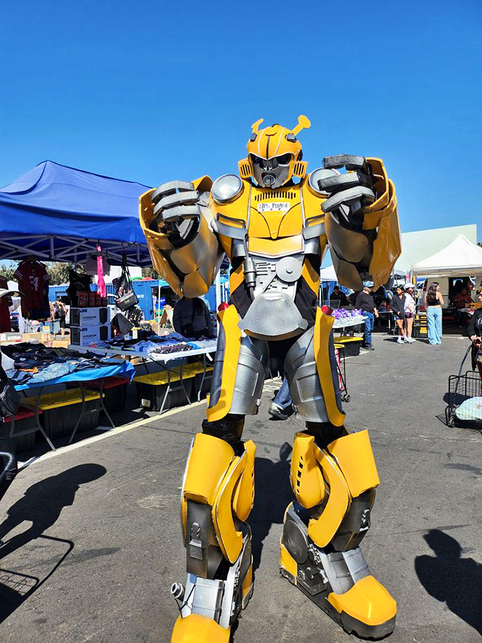 Not your average shopping assistant! This Transformers cosplayer proves that at Capitol Flea Market, the entertainment value rivals the merchandise itself.