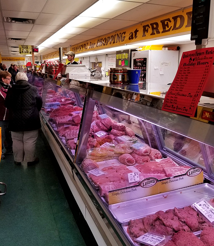 Meat counter magnificence! Fred's display case is the carnivore's equivalent of a jewelry store window&mdash;except these gems are deliciously affordable. 