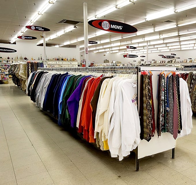 Color-coded clothing racks make navigating the men's section a breeze, with dress shirts and casual wear organized for maximum treasure-hunting efficiency.