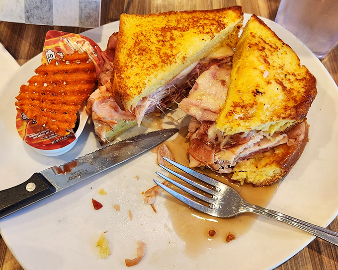 Golden, crispy, cheese-oozing perfection. This Monte Cristo sandwich is what would happen if French toast and a deli counter had a delicious love child.
