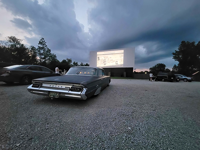 Classic cars and classic cinema&mdash;a vintage Edsel takes prime position, adding period-perfect atmosphere to an already nostalgic evening.