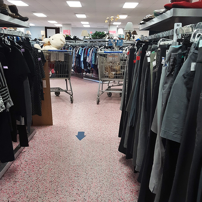 Neutral territory in the fashion wars. These racks of beige, gray, and navy blue are the Switzerland of thrift store finds.