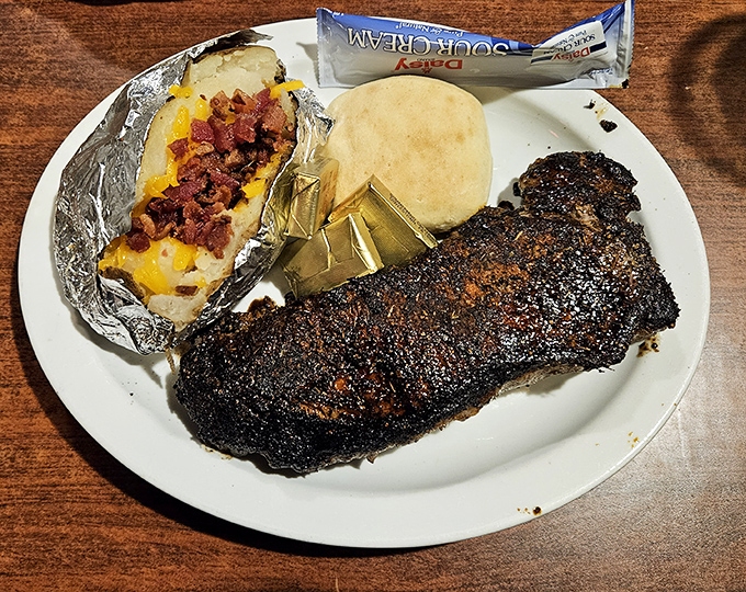 Blackened to perfection, not burned. This New York Strip with its impressive crust and juicy center makes a compelling case for driving to Hamilton.