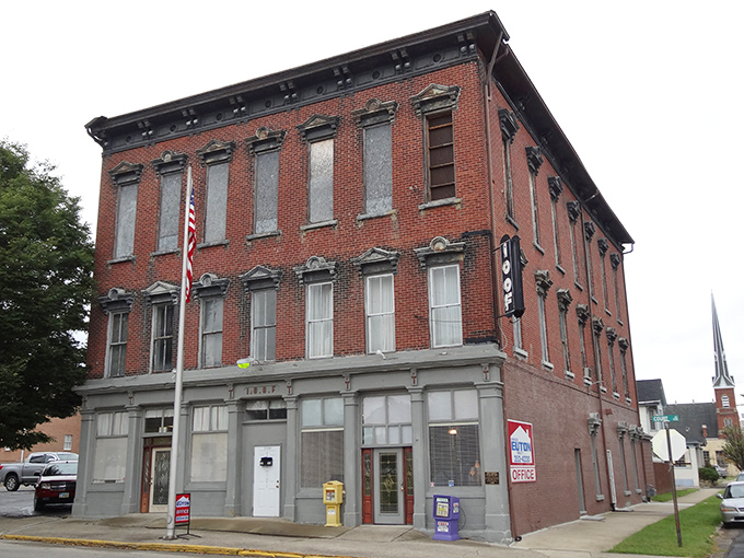 The stately Odd Fellows Hall stands as a brick-and-mortar time capsule, its weathered facade telling stories of fraternal gatherings and community service.