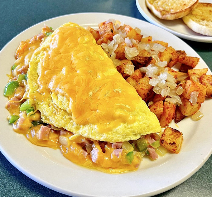 Cheese doesn't just top this omelet—it embraces it like a warm California sunset. Those home fries deserve their own fan club.
