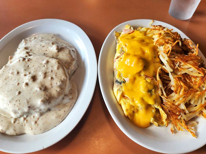 This isn't just any burger and hash browns&mdash;it's a masterclass in diner perfection. The golden potato shreds practically wink at you from the plate.