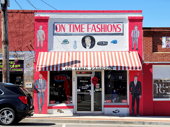 On Time Fashions' vibrant storefront mural feels like a cheerful time capsule from an era when downtown shopping was a social event, not just a transaction.