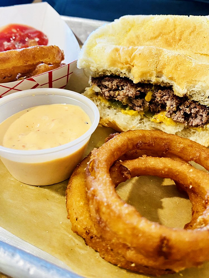 That perfect onion ring&mdash;crispy exterior giving way to sweet onion inside&mdash;paired with a burger that's worth crossing county lines for.
