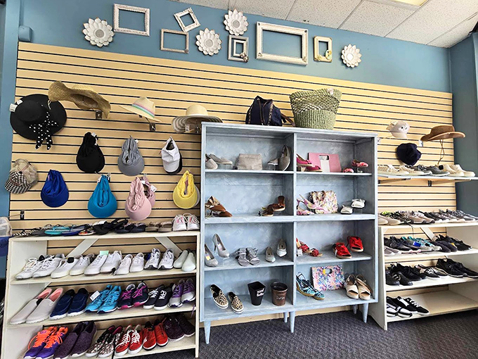 Shoe display nirvana where colorful footwear and stylish hats create a fashionista's dream playground for the budget-conscious shopper.