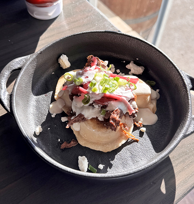 Not your babushka's pierogies! This modern take features tender dough pillows topped with savory short rib and a dollop of tangy cream.
