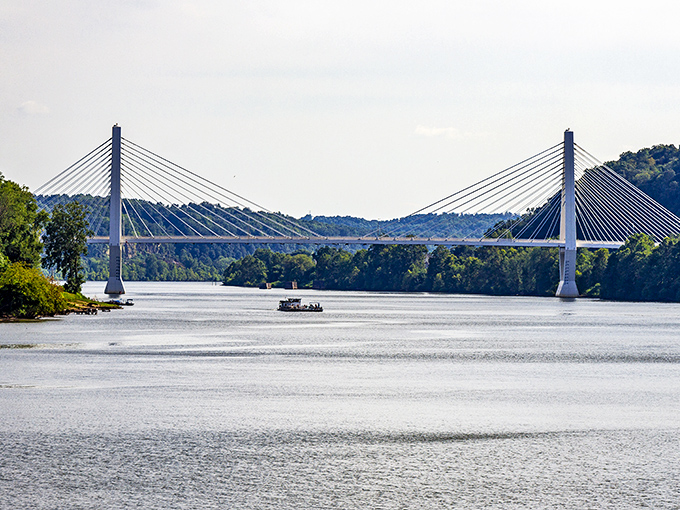 The Pomeroy-Mason Bridge arches gracefully over the Ohio River, connecting two states and countless stories with its elegant modern lines.