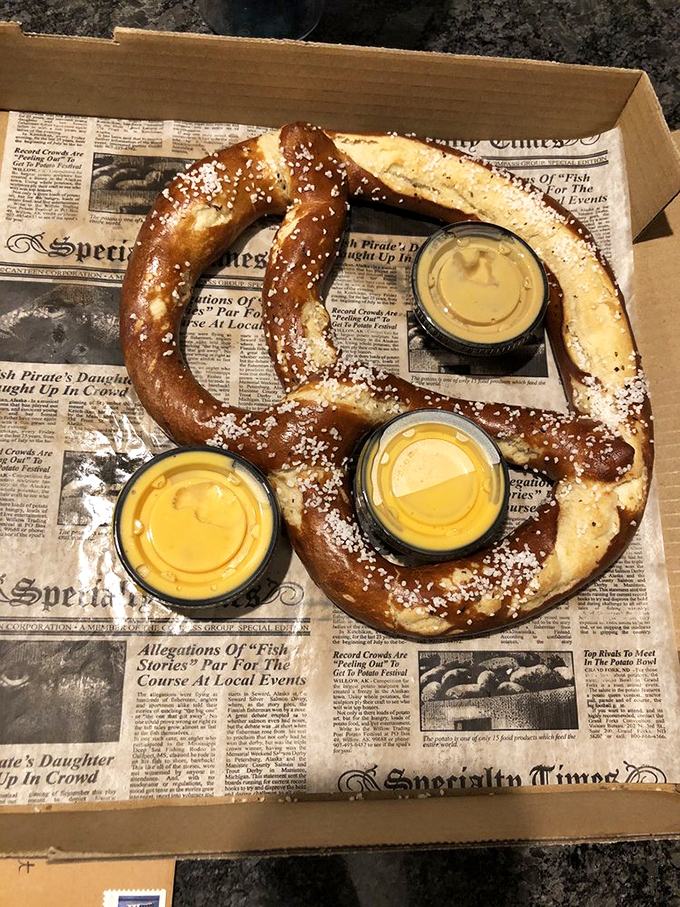 The Bavarian pretzel isn't just big, it's ambitious. Three dipping sauces stand ready for your dunking pleasure&mdash;this is carb architecture at its finest.