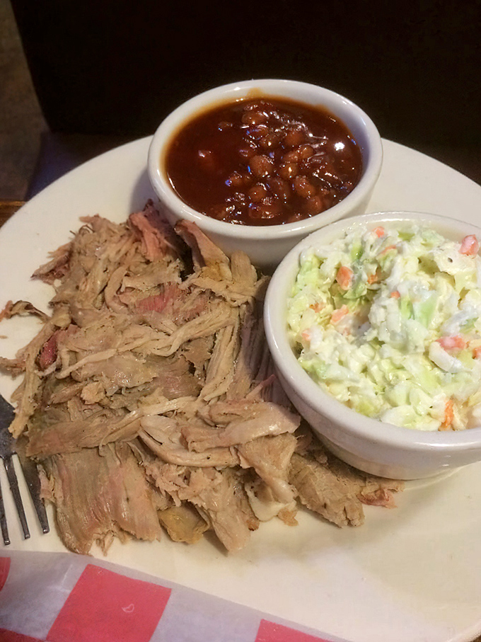 Pulled pork so tender it practically surrendered to the smoker, flanked by creamy coleslaw and beans that didn't come from any can.