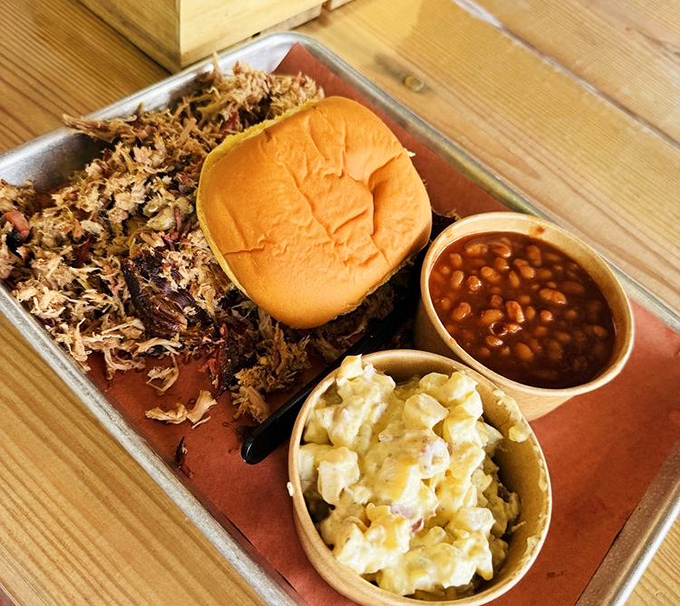 Pulled pork that surrendered to smoke with dignity. That bun isn't just holding meat&mdash;it's cradling barbecue artistry.