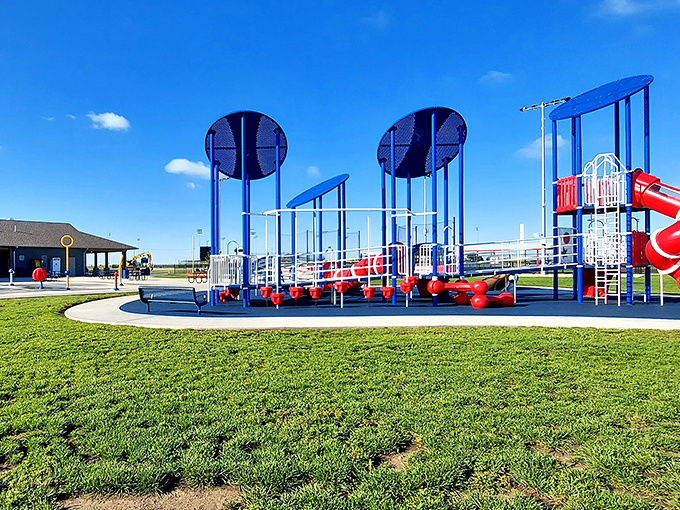 Kids' paradise or grandparent's workout? This modern playground at the sports complex offers fun that costs nothing but might require ibuprofen afterward.