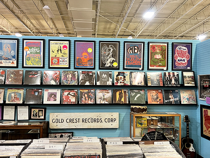 Rock 'n' roll heaven exists in this vinyl paradise where album covers serve as portals to decades past. The Beatles and Hendrix still holding court.