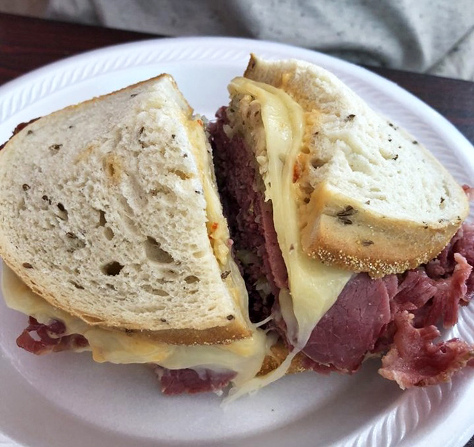 The legendary Reuben in all its glory&mdash;corned beef sliced to perfection, Swiss cheese melted just right, and that magical balance of sauerkraut and Russian dressing. 