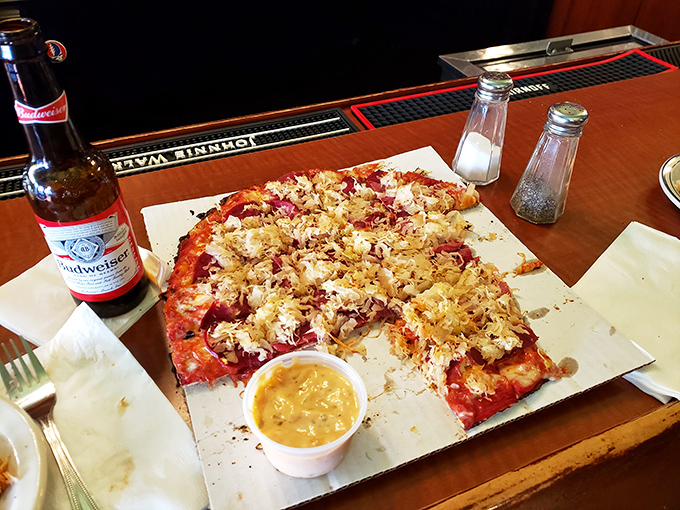 The Reuben Pizza might sound like culinary rebellion, but this sandwich-pizza hybrid proves that breaking the rules sometimes leads to delicious discoveries.