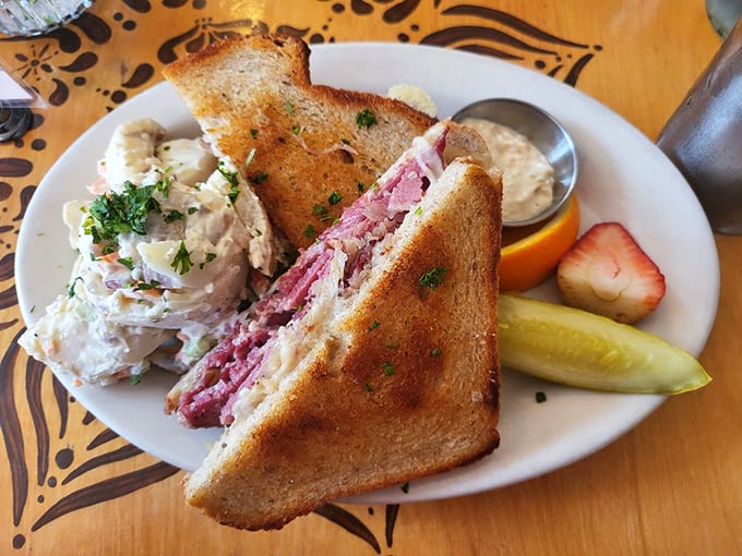 Sandwich architecture at its finest. This Reuben balances tangy, savory, and creamy elements with the structural integrity of a well-built Cleveland bridge.