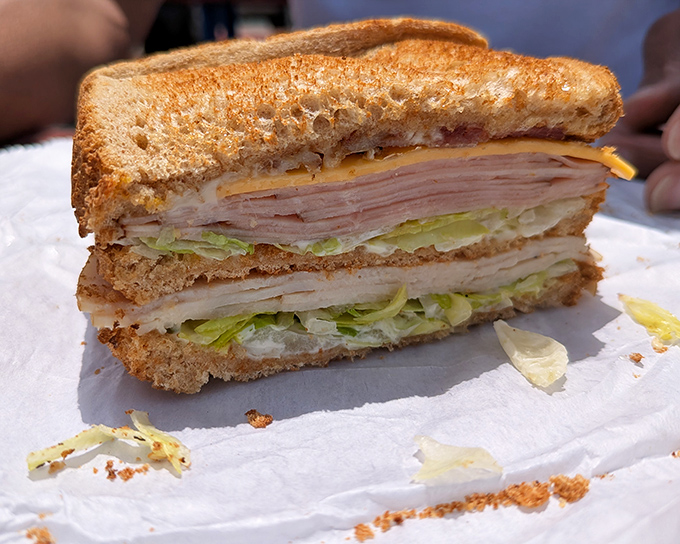 The club sandwich stands tall and proud, layers of deli meat, cheese, and fresh veggies between perfectly toasted bread. A skyscraper of satisfaction.