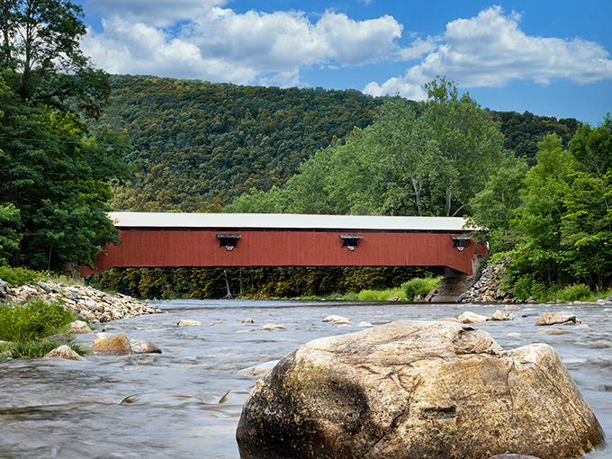 The bridge stretches across rushing waters like a red carpet for nature. Hollywood has nothing on Sullivan County's scenic backdrops.