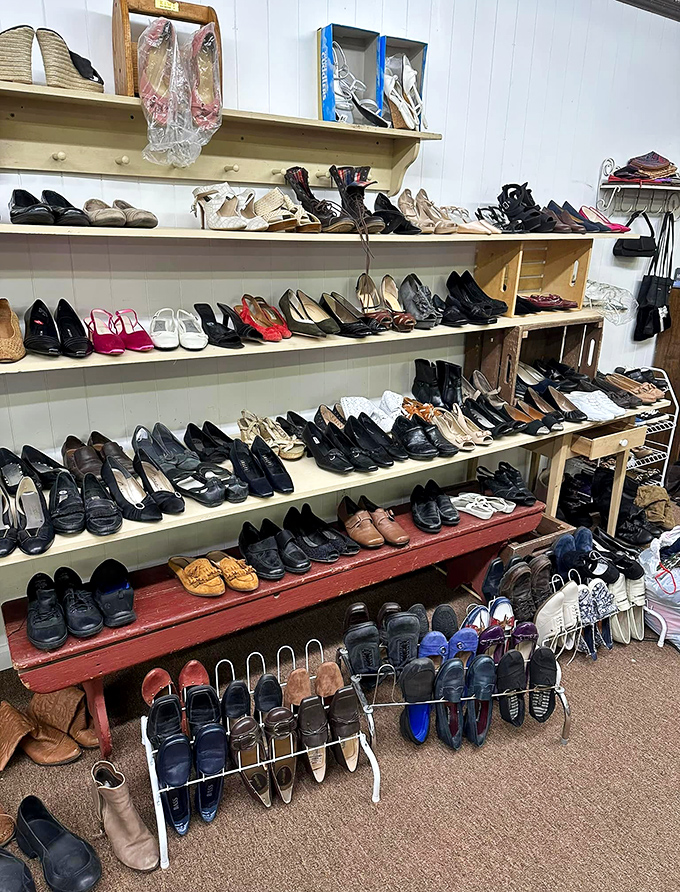 Shoes, shoes everywhere, but not a foot in sight! Each pair waits patiently for its Cinderella moment with a new owner.