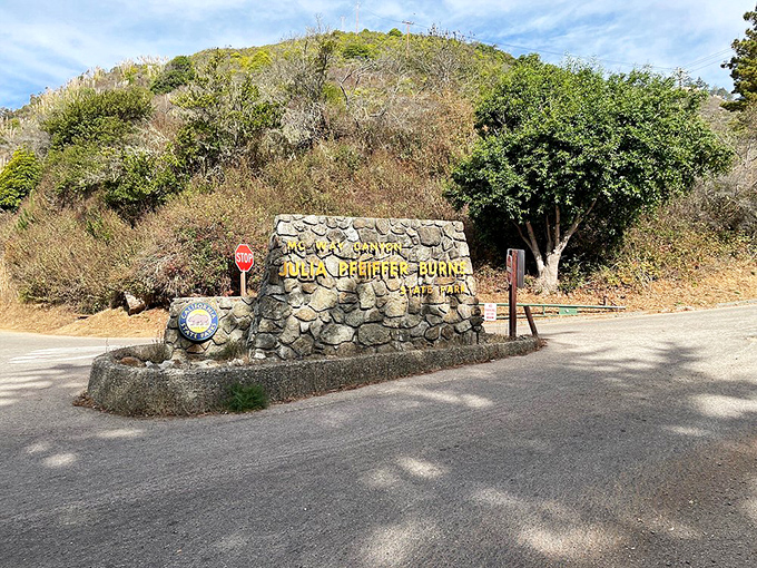 The stone entrance sign welcomes visitors to Julia Pfeiffer Burns State Park, named for a pioneering woman who knew prime real estate when she saw it.