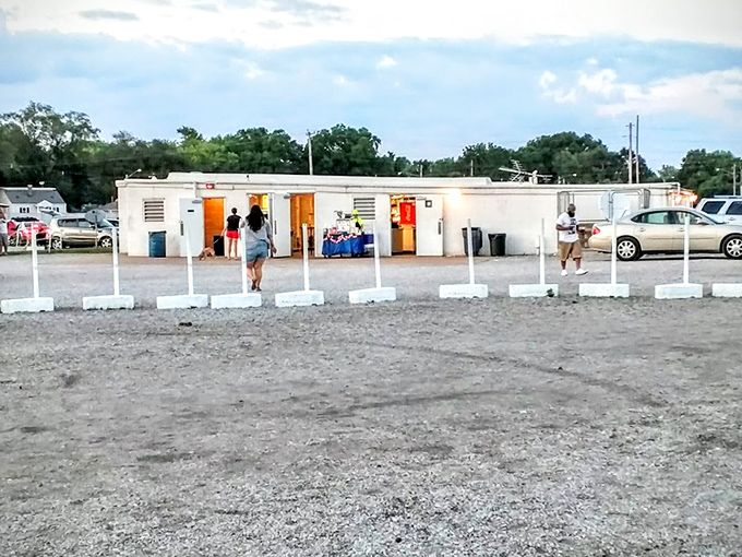 The white building houses restrooms and concessions&mdash;the unsung hero of any successful drive-in movie marathon.