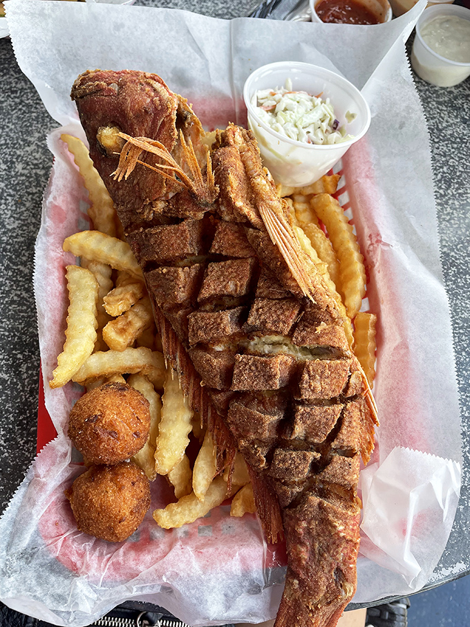This whole fried snapper isn't just dinner; it's performance art with fins. The hush puppies are the perfect supporting cast.