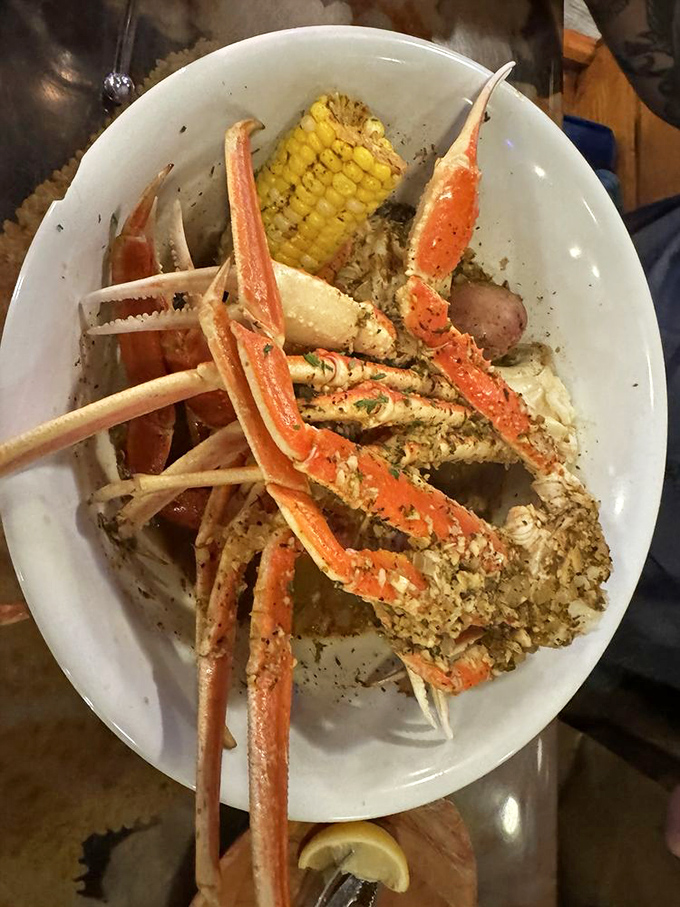 Snow crab legs that require commitment and possibly a bib. The struggle is real, but so worth it for that sweet, tender meat.