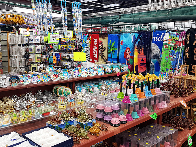 Beach-themed souvenirs line these shelves like a colorful shoreline, each trinket promising to extend your Florida memories.
