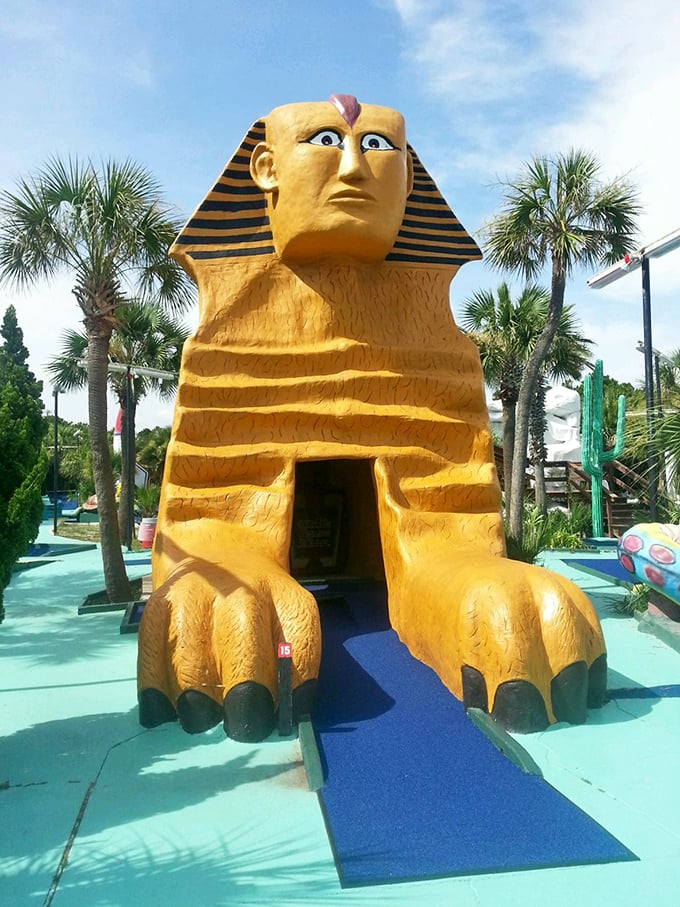 The great sphinx of Panama City Beach guards its putting green with the wisdom of millennia and the whimsy of mid-century roadside attractions.