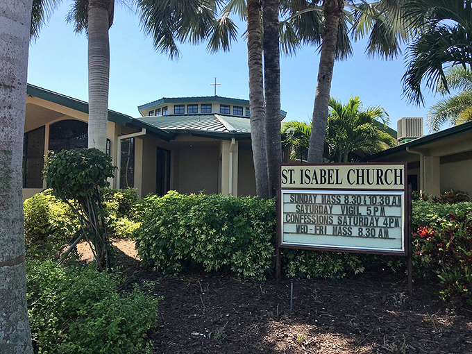 Island spirituality with tropical landscaping. Even the palm trees seem to be reaching skyward in this peaceful sanctuary. 