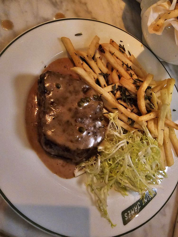 The steak arrived looking like it had just finished a photo shoot for "Carnivore Monthly," with fries standing at attention nearby.