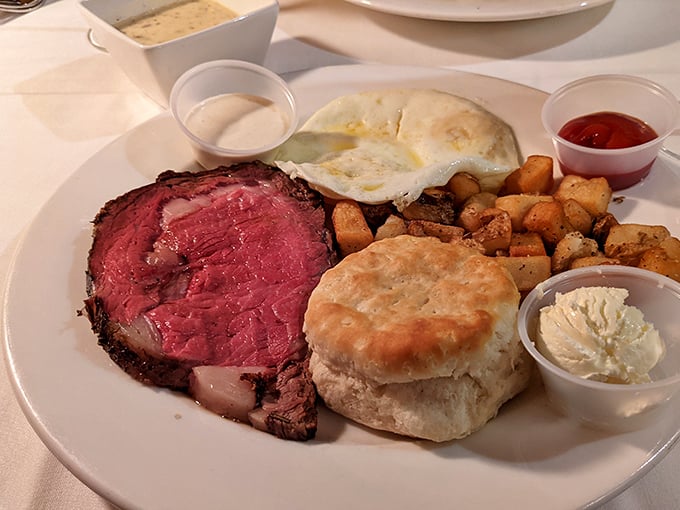 The Steak & Egg Platter proves that prime rib isn't just for dinner &ndash; especially when it shares the plate with a biscuit that could make angels weep.