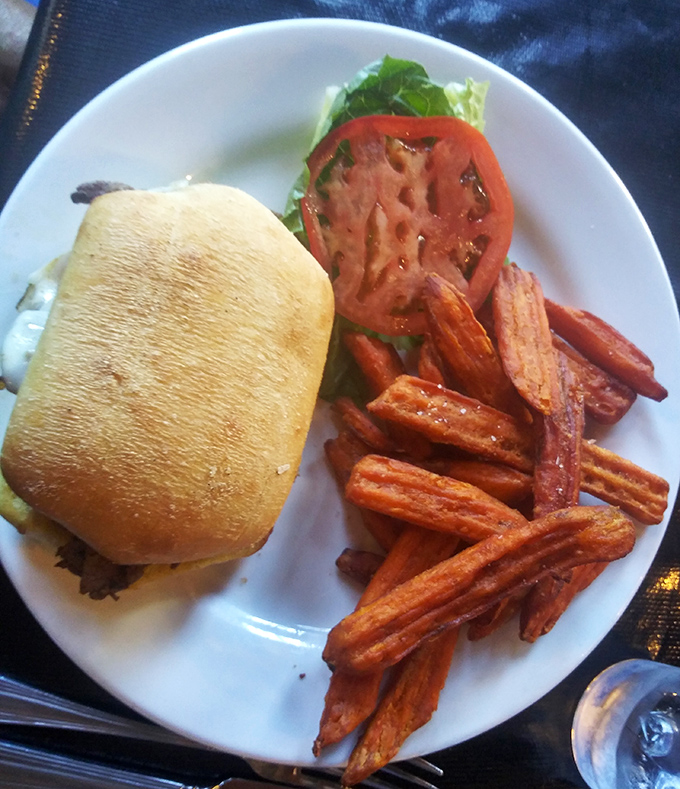Lunch perfection on a plate. The sweet potato fries look like they've been taking tanning lessons from George Hamilton&mdash;gloriously golden and irresistible.