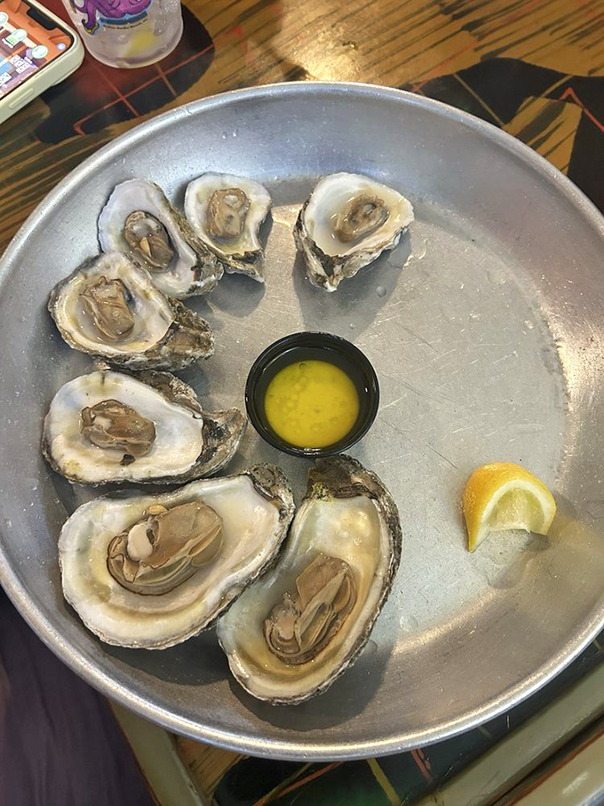Fresh oysters arranged like a delicious clock face, with that squeeze of lemon standing by for its supporting role.