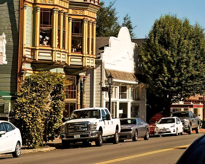 The golden afternoon light plays across these historic facades, turning an ordinary street scene into a masterclass in preserved Americana.