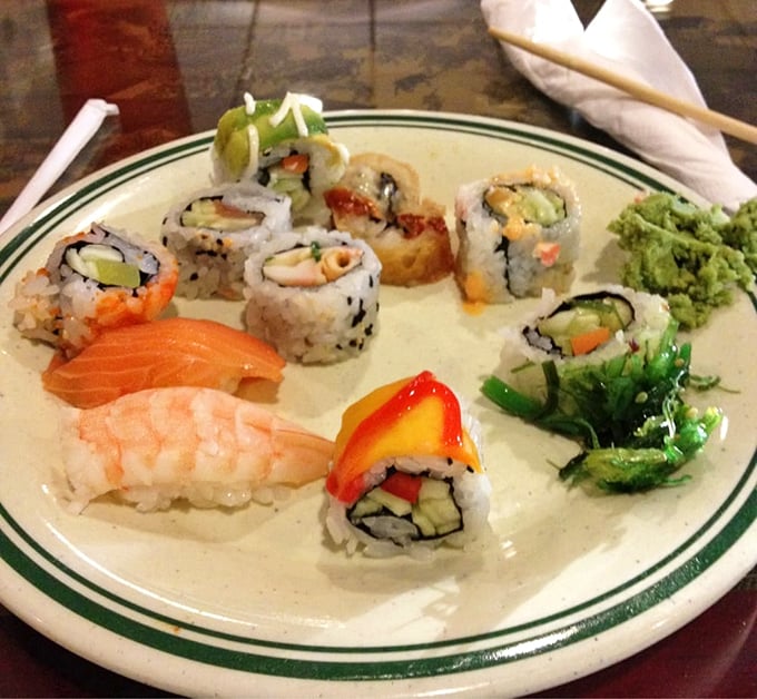 Sushi at a Chinese buffet? This colorful assortment of rolls and nigiri defies expectations with its freshness and careful presentation.